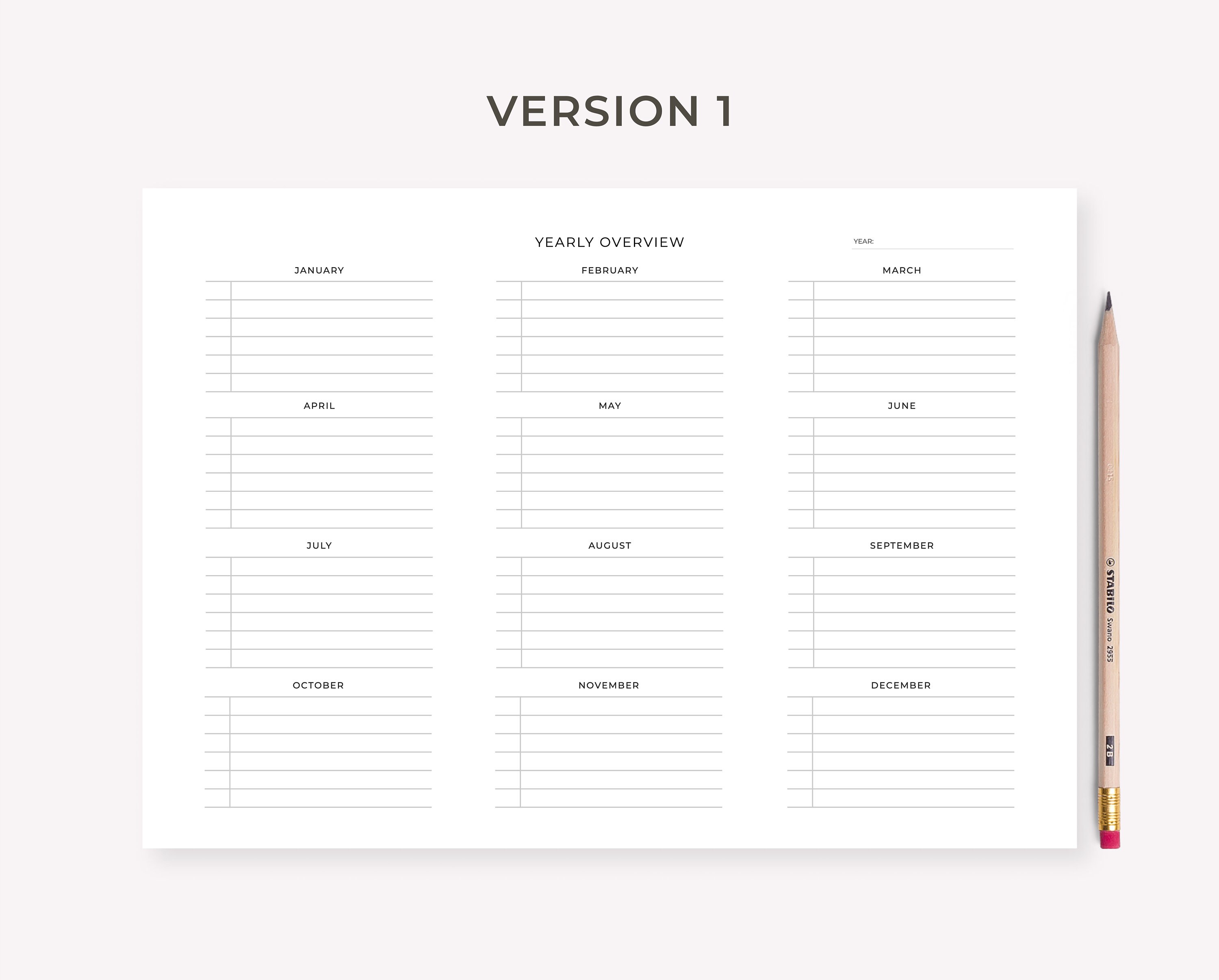 Printable Yearly Overview Planner A4 US Letter PDF Year at a Glance ...