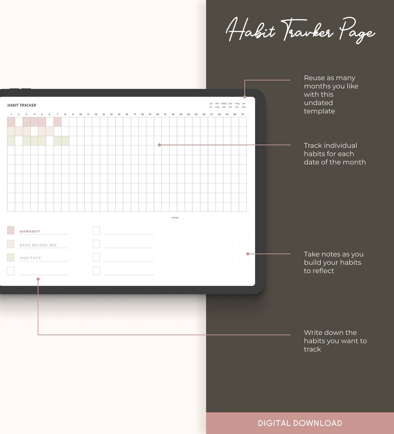 Horizontal Habit Tracker Digital Planner Monthly iPad Tablets Goodnotes ...