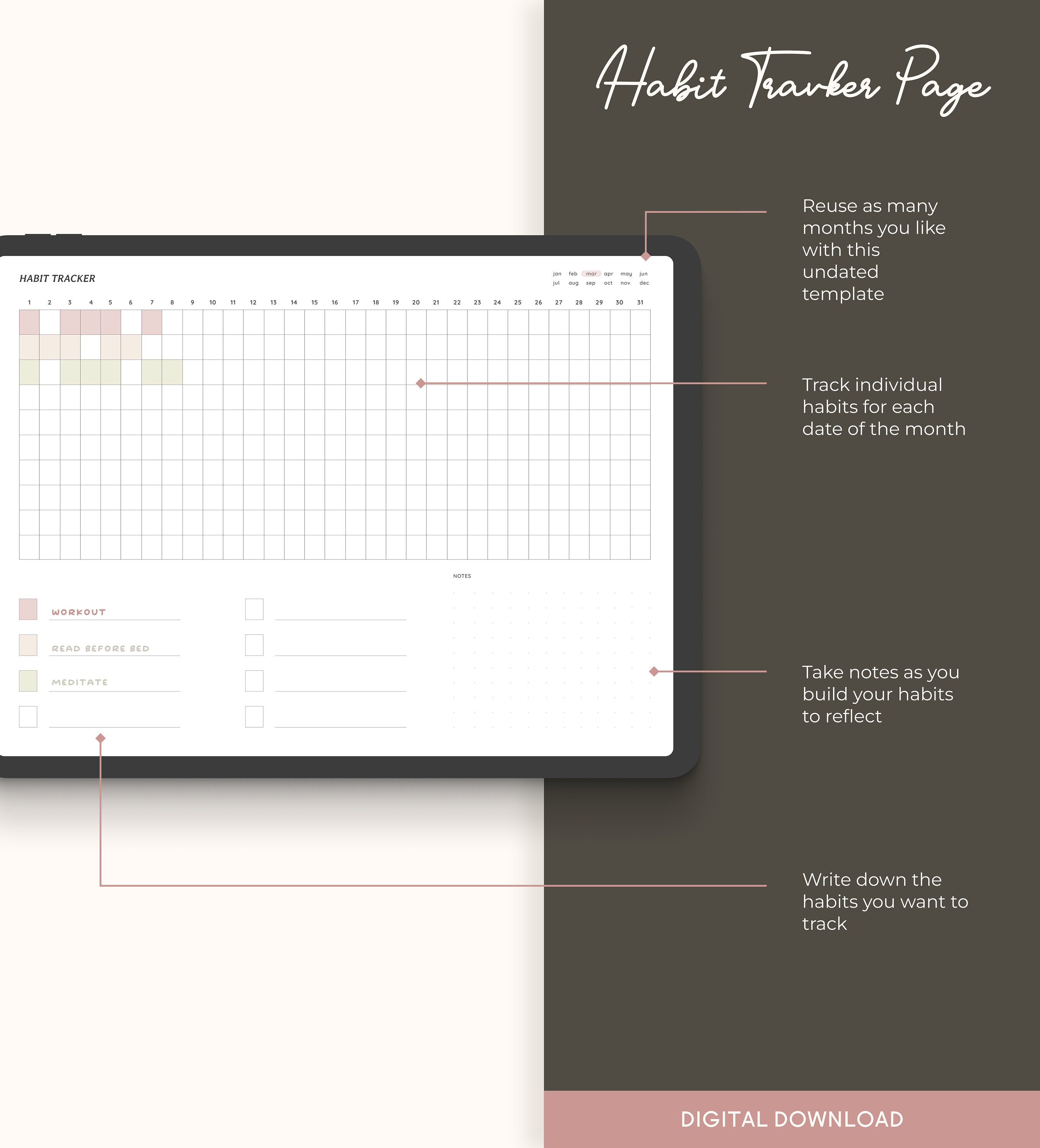 Horizontal Habit Tracker Digital Planner Monthly iPad Tablets Goodnotes ...