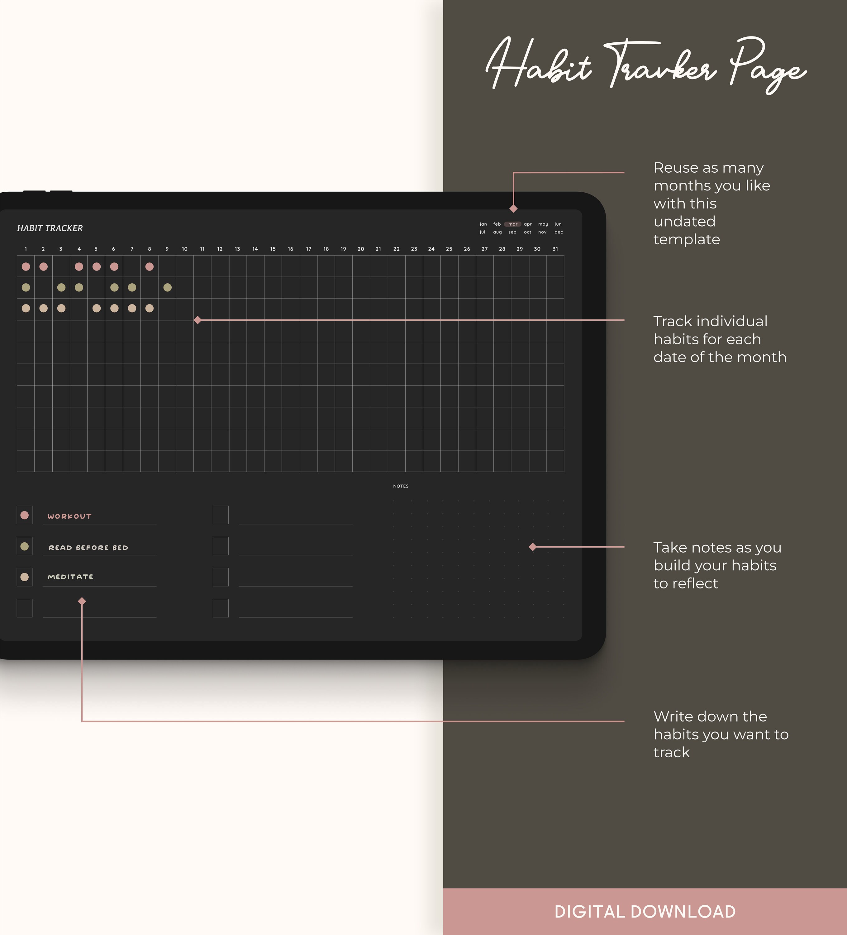 Horizontal Habit Tracker Digital Planner Monthly iPad Tablets Goodnotes ...