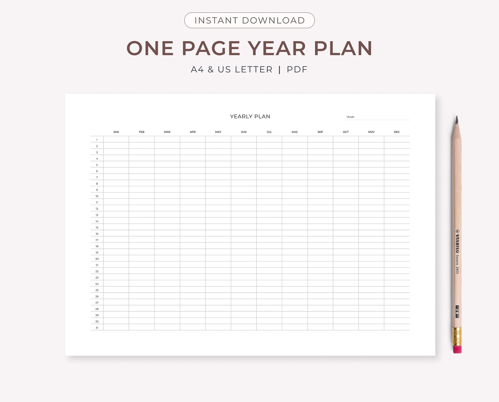 Printable Year at a Glance Planner Undated Reusable All Days in Year ...