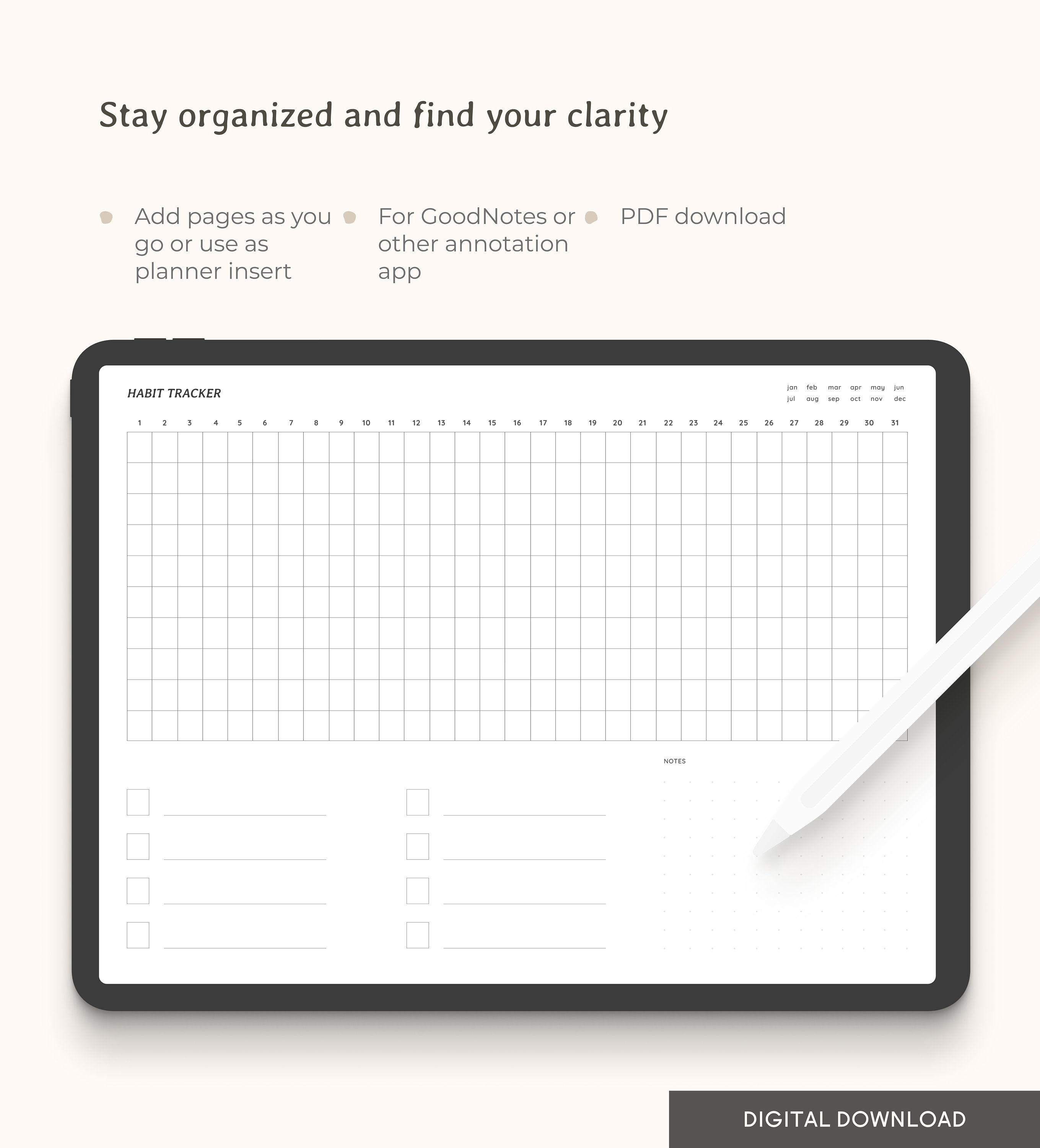 Horizontal Habit Tracker Digital Planner Monthly iPad Tablets Goodnotes ...