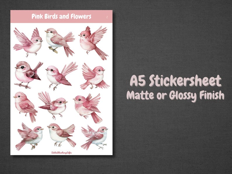 Cute Pink Flowers & Birds Stickersheet, A5 Stickersheet, Pink Bird ...