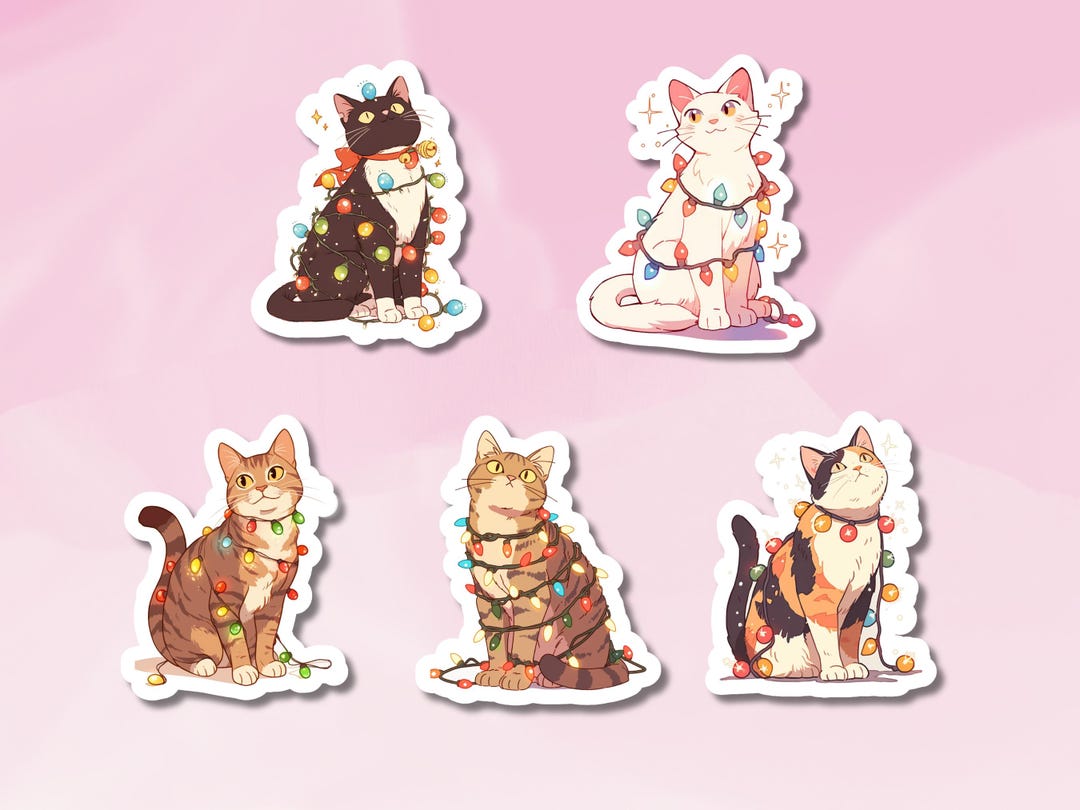 Cute Cats With Christmaslight Stickers, Cat Sticker Set, Animal Sticker ...