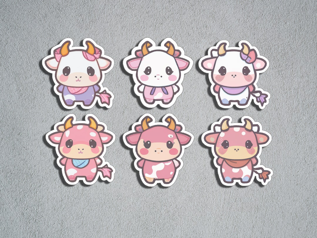 Cute Pink Cow Sticker Set, Sticker Set, Kawaii Cow, Cute Adorable Cow ...