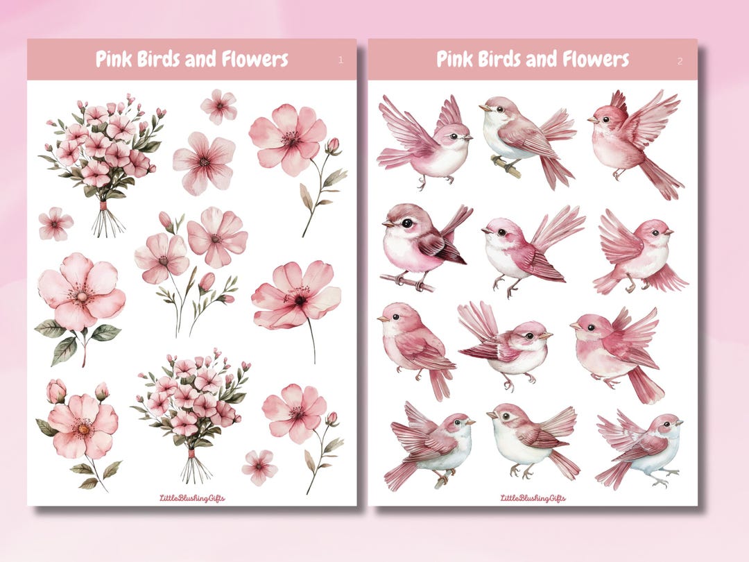 Cute Pink Flowers & Birds Stickersheet, A5 Stickersheet, Pink Bird ...