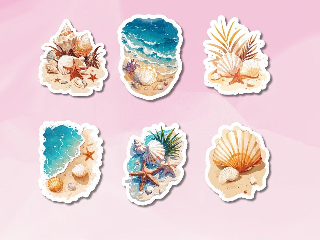 Seashell and Beach Sticker, Cute Seashells on the Beach, Shell Sticker ...
