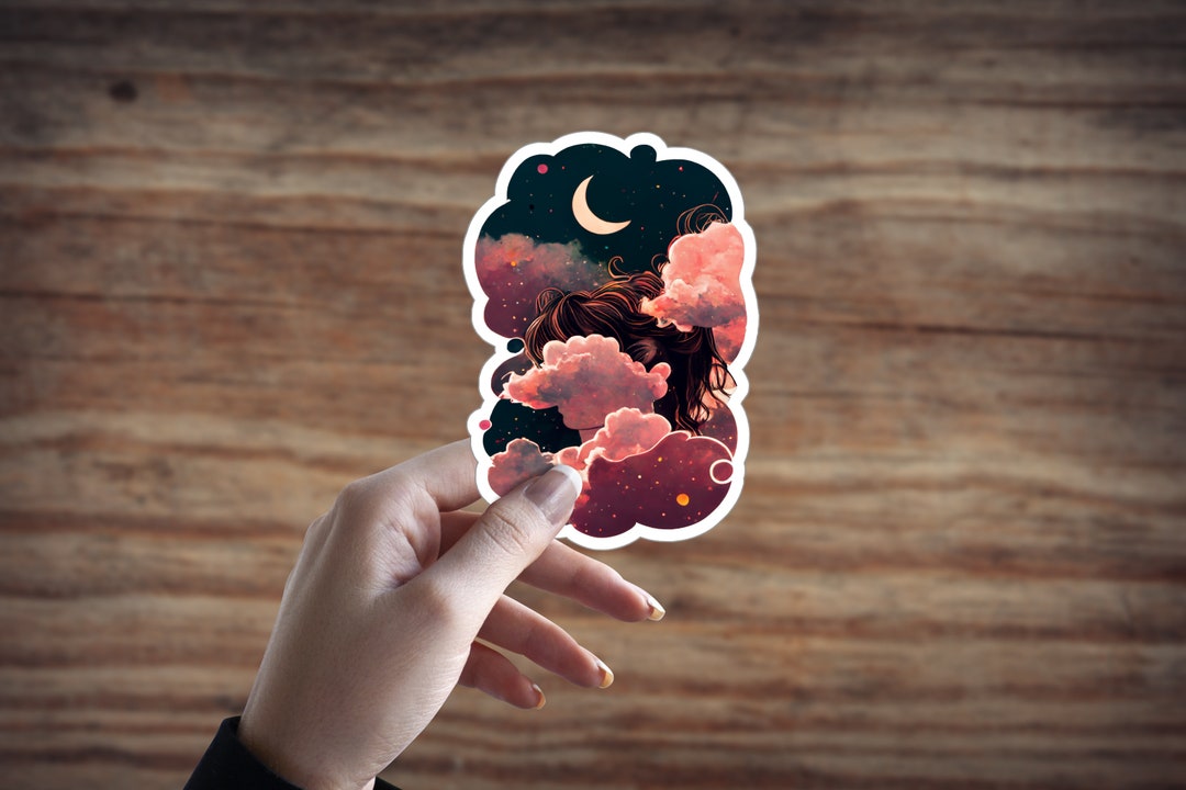 Cute Girl Hiding Behind a Cloud Sticker, Glossy Sticker, Dark Design ...