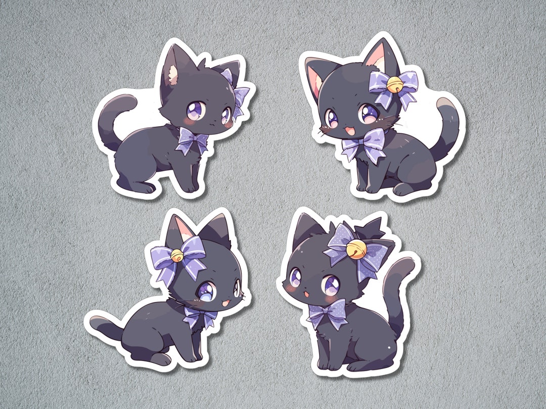 Cute Black Cat With Bows Sticker Set, Sticker Set, Black Cat, Cute ...