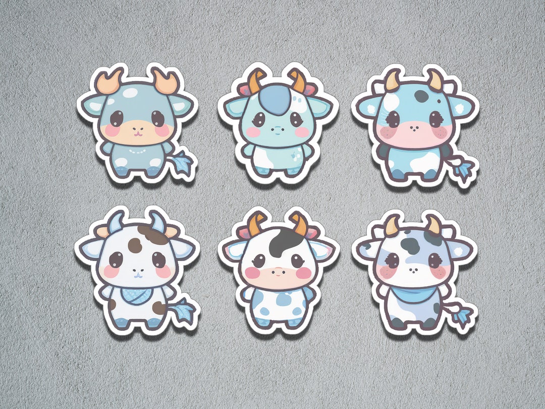 Cute Blue Cow Sticker Set, Sticker Set, Kawaii Cow, Cute Adorable Cow ...