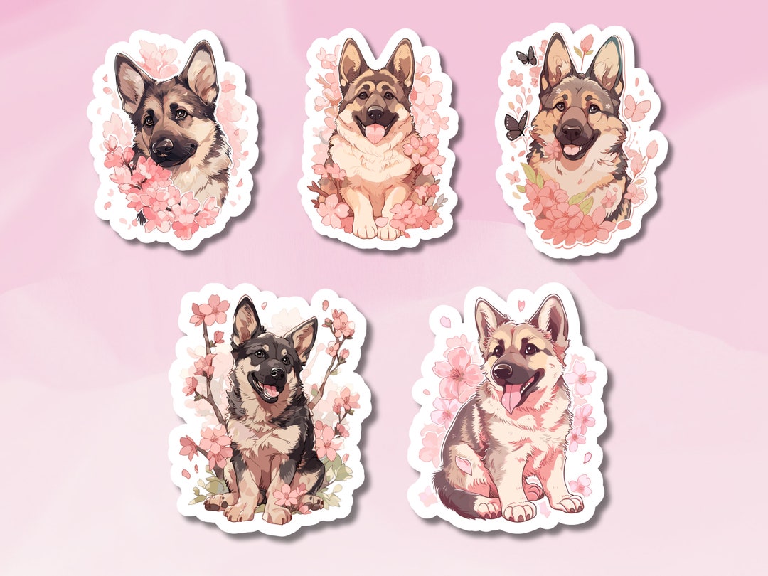 Cute German Shepherd Puppy Sticker, German Shepherdwith Cherry Blossom ...