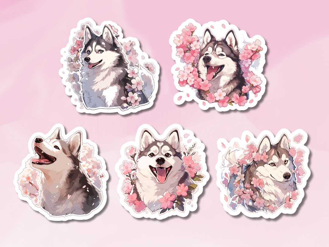 Cute Husky Sticker, Flower Husky Sticker, Dog Sticker Set, Cute Dog ...