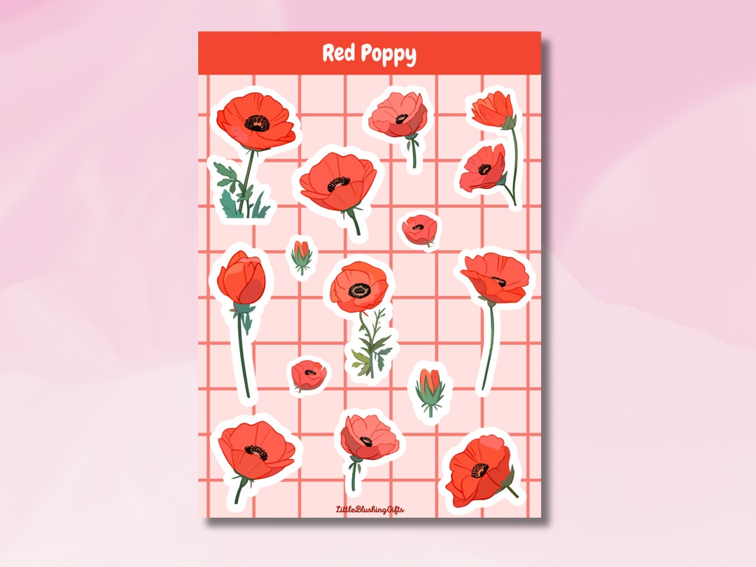 Red Poppy Stickersheet, A5 Stickersheet, Floral Stickersheet, Poppies ...