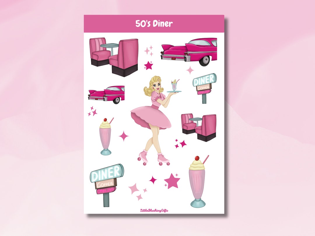 50s Diner Stickersheet, Pink Diner Stickers, Cute Retro Diner ...