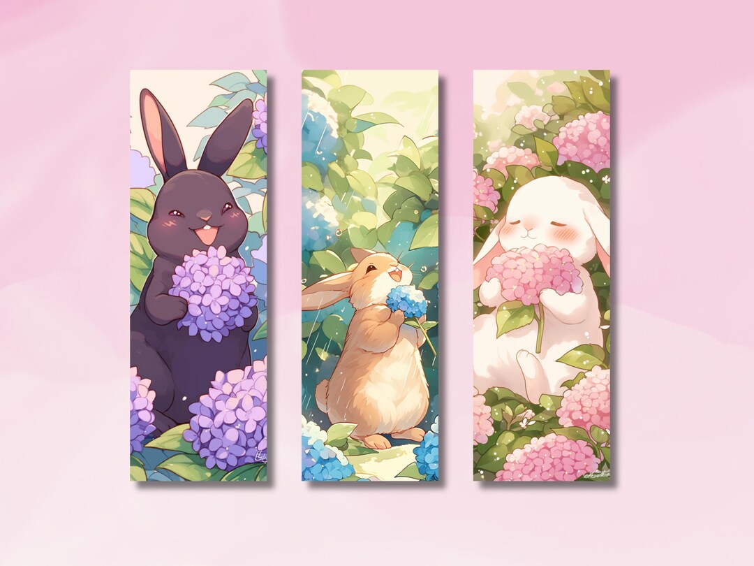 Cute Bookmark, Cute Bunny Bookmark, Bunnies With Hydrangeas Bookmark ...