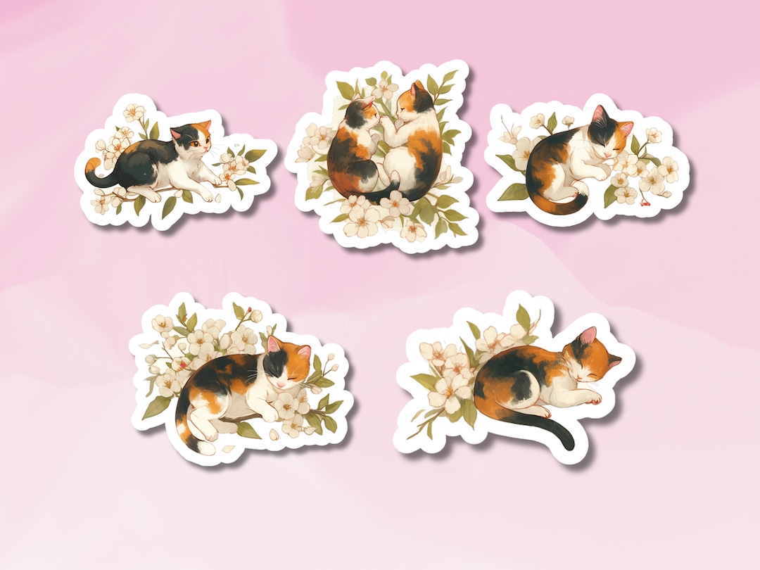 Cute Calico Cat Sticker, Calico Cats in Flowers, Flower Cat Sticker ...