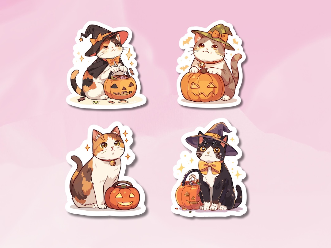 Cute Cats With Pumpkins Stickers, Witch Cats Sticker Set, Animal ...