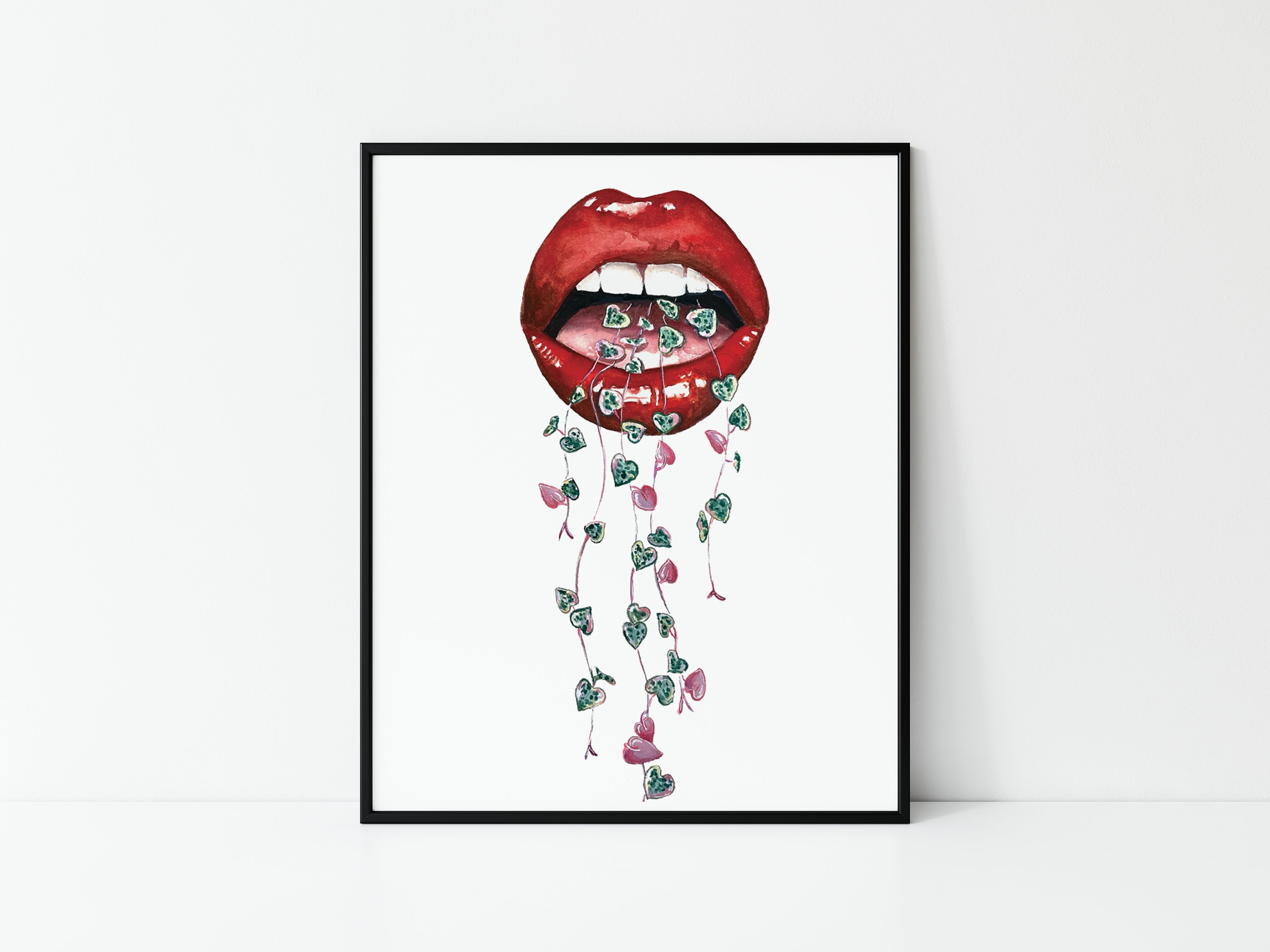 Red Lips and Variegated String of Hearts Watercolor Painting | Plant ...