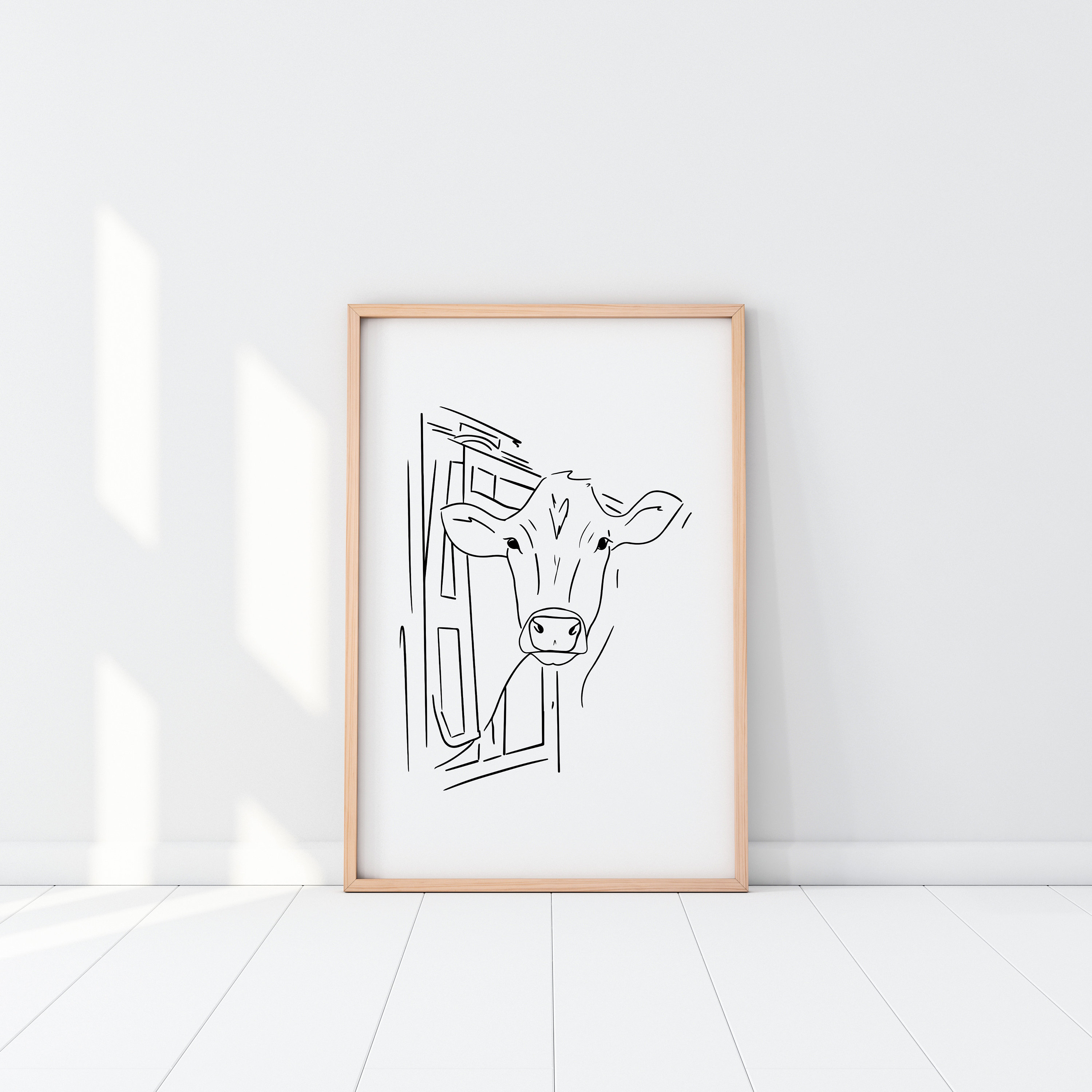 Dairy Cow Minimalist Drawing, Digital Download, Cow in Stanchion Print ...