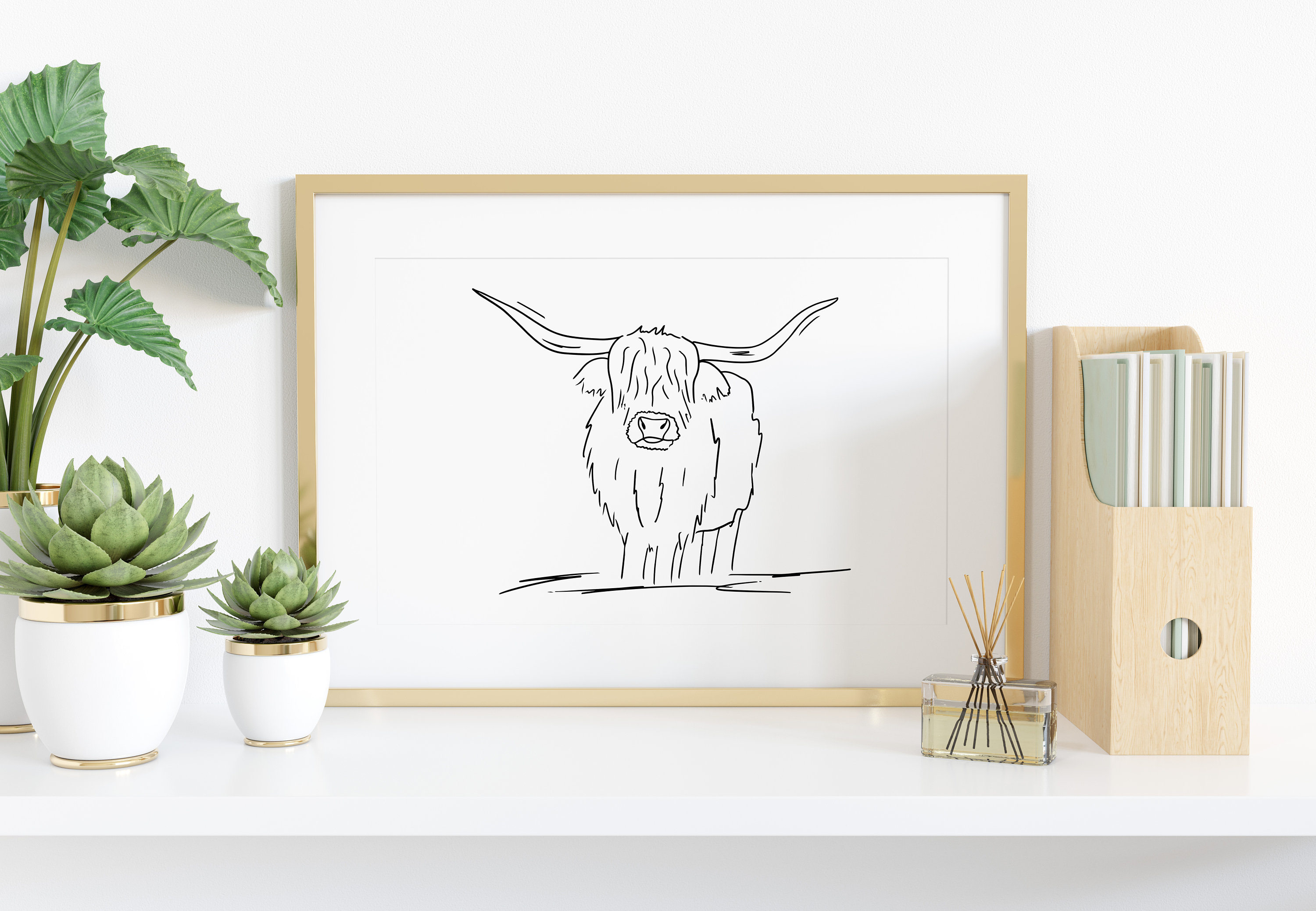 Highland Cow Minimalist Sketch Wall Art Print, Country, Farmhouse ...