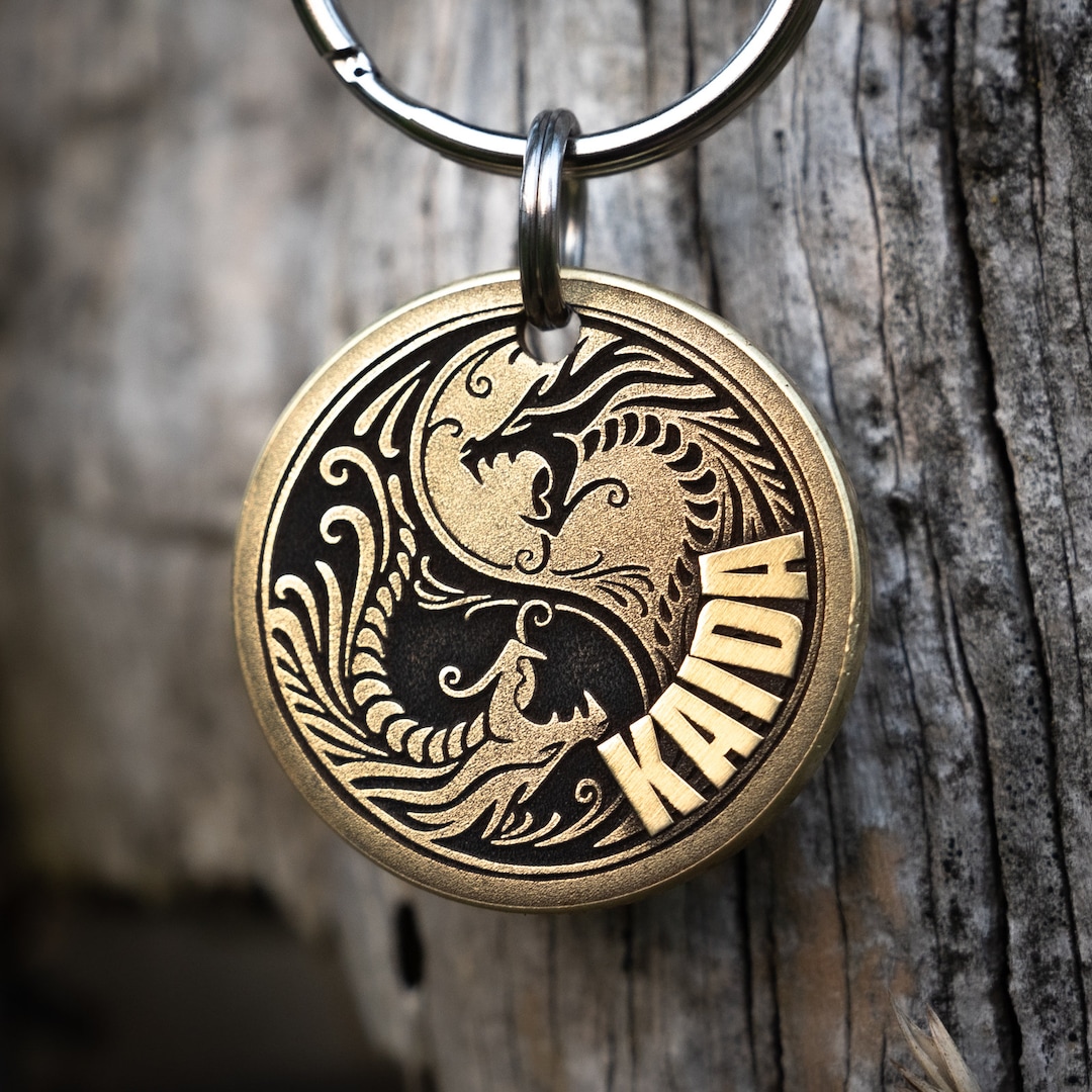 Yin Yang Dragon Dog Tag | Engraved | Copper | Personalized | Pet Cat Id ...