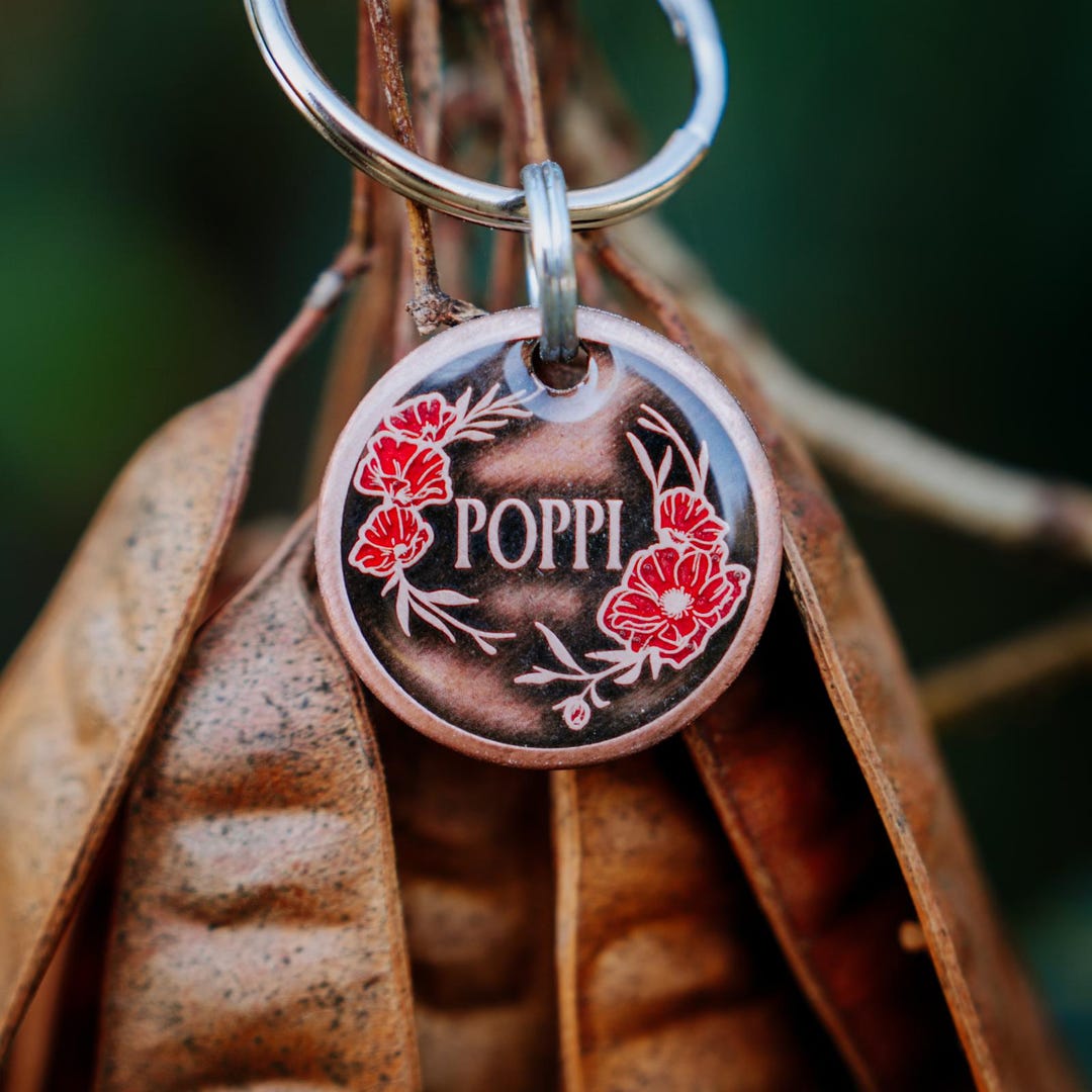 Poppy Flower Dog Tag | Engraved | Copper | Personalized | Pet Cat Id ...