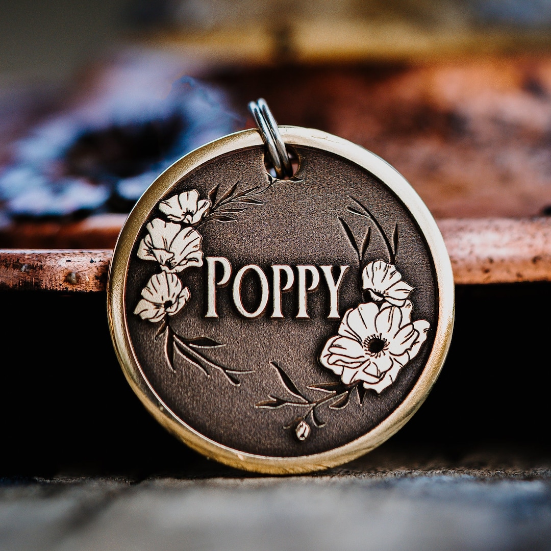 Poppy Flower Dog Tag | Engraved | Copper | Personalized | Pet Cat Id ...