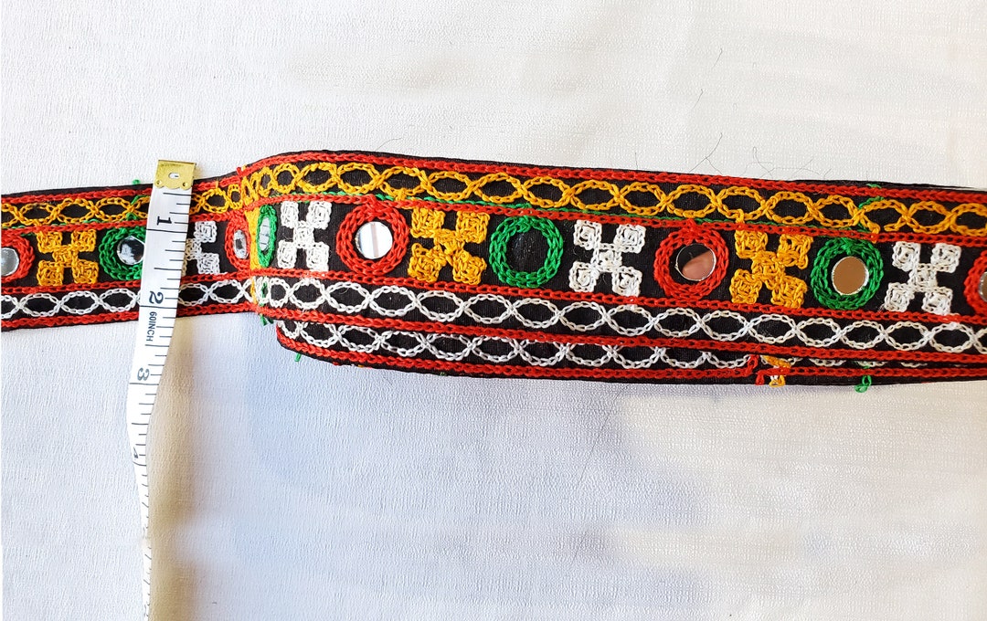 Multicolor Gujrati Border With Mirror Work Silk Cotton Fabric DIY for ...