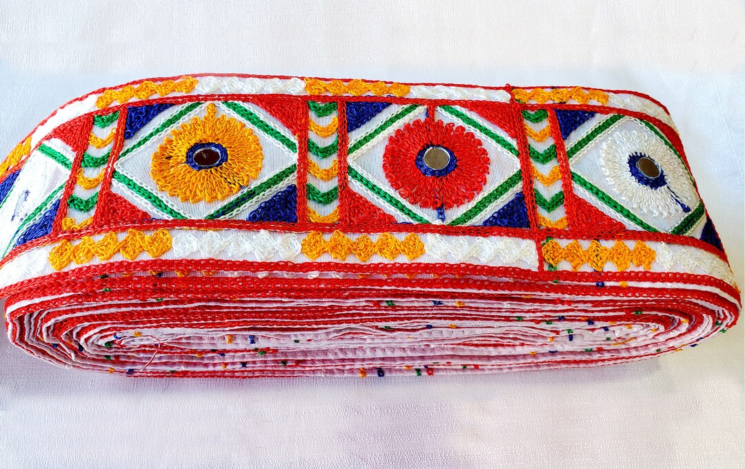 White Gujarati Border With Multicolor Embroidery & Mirror Work White ...