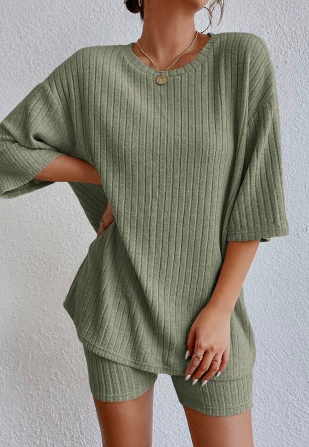 Green Plain Ribbed Loose Fit Two Piece Lounge Set - Etsy