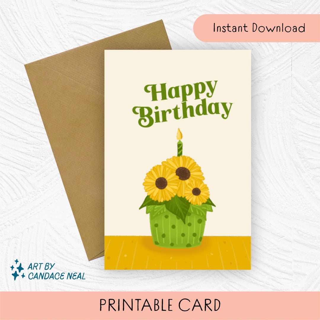 Printable Sunflower Birthday Card | Instant Download | Illustrated ...