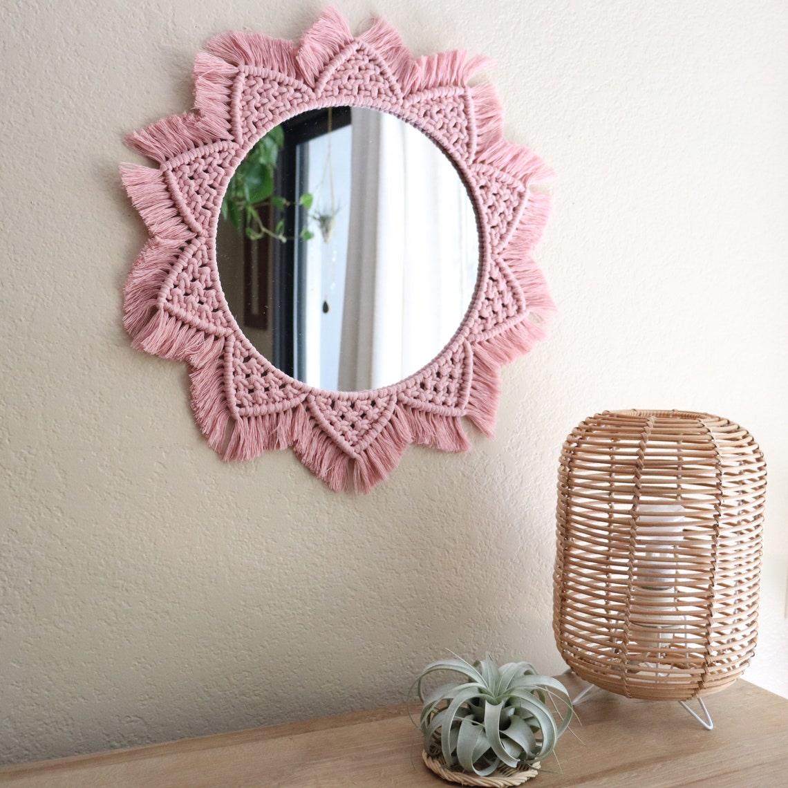 Boho Blush Pink Macrame Mirror Flower Design Macrame Mirror - Etsy