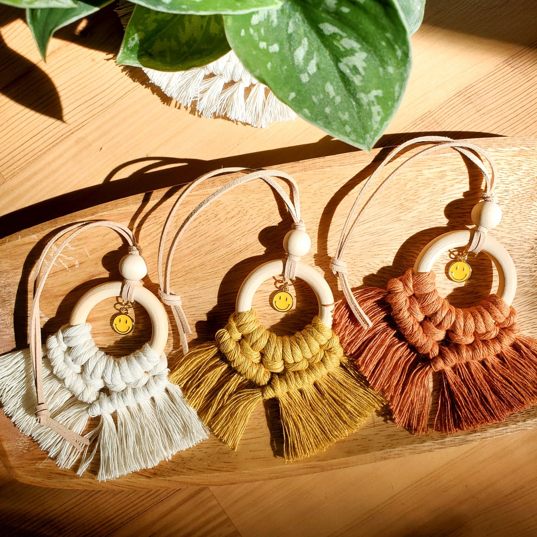 Groovy Smiley Car Charm, Retro Happy Face, Macrame Car Charm, Essential ...