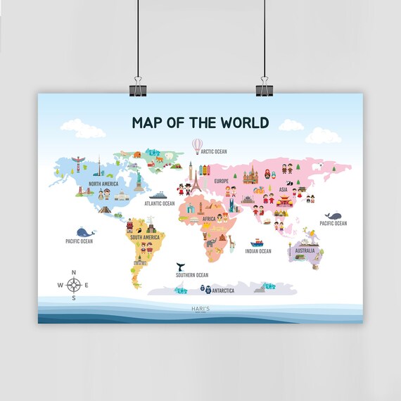 Children World Map Poster Illustrations Poster Map of the - Etsy