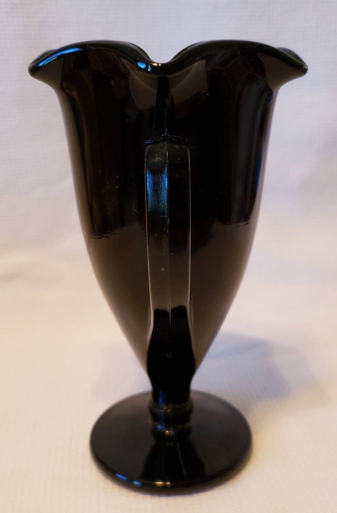 Vintage Black Amethyst Glass Trophy Vase Ruffled Top Edge Double Ear ...