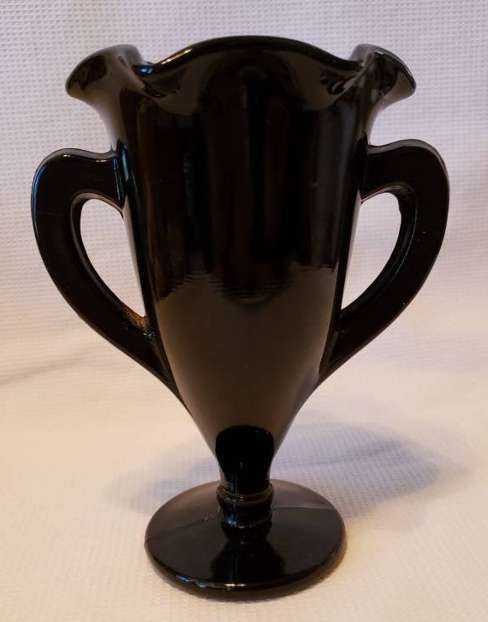 Vintage Black Amethyst Glass Trophy Vase Ruffled Top Edge Double Ear ...