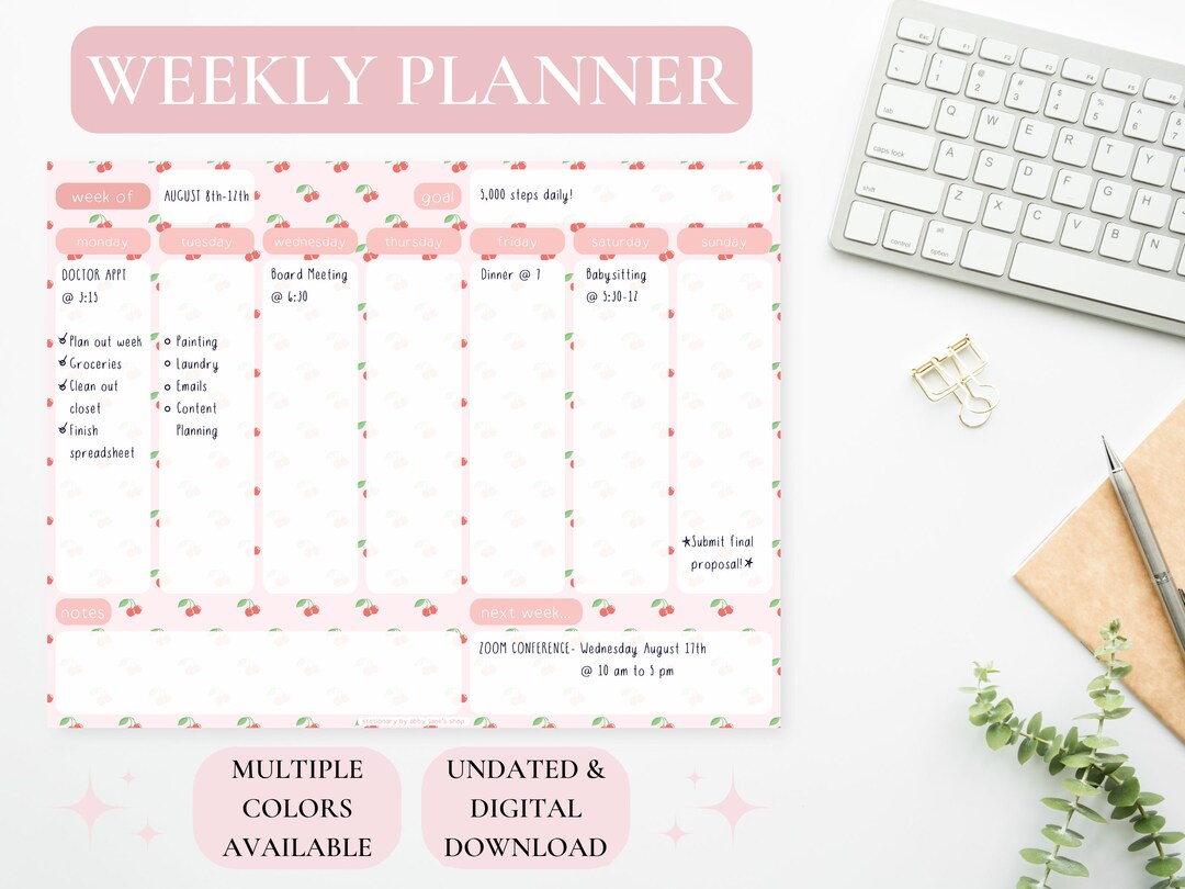 Weekly Planner With Cherry Print | Undated Weekly Agenda With Goal ...