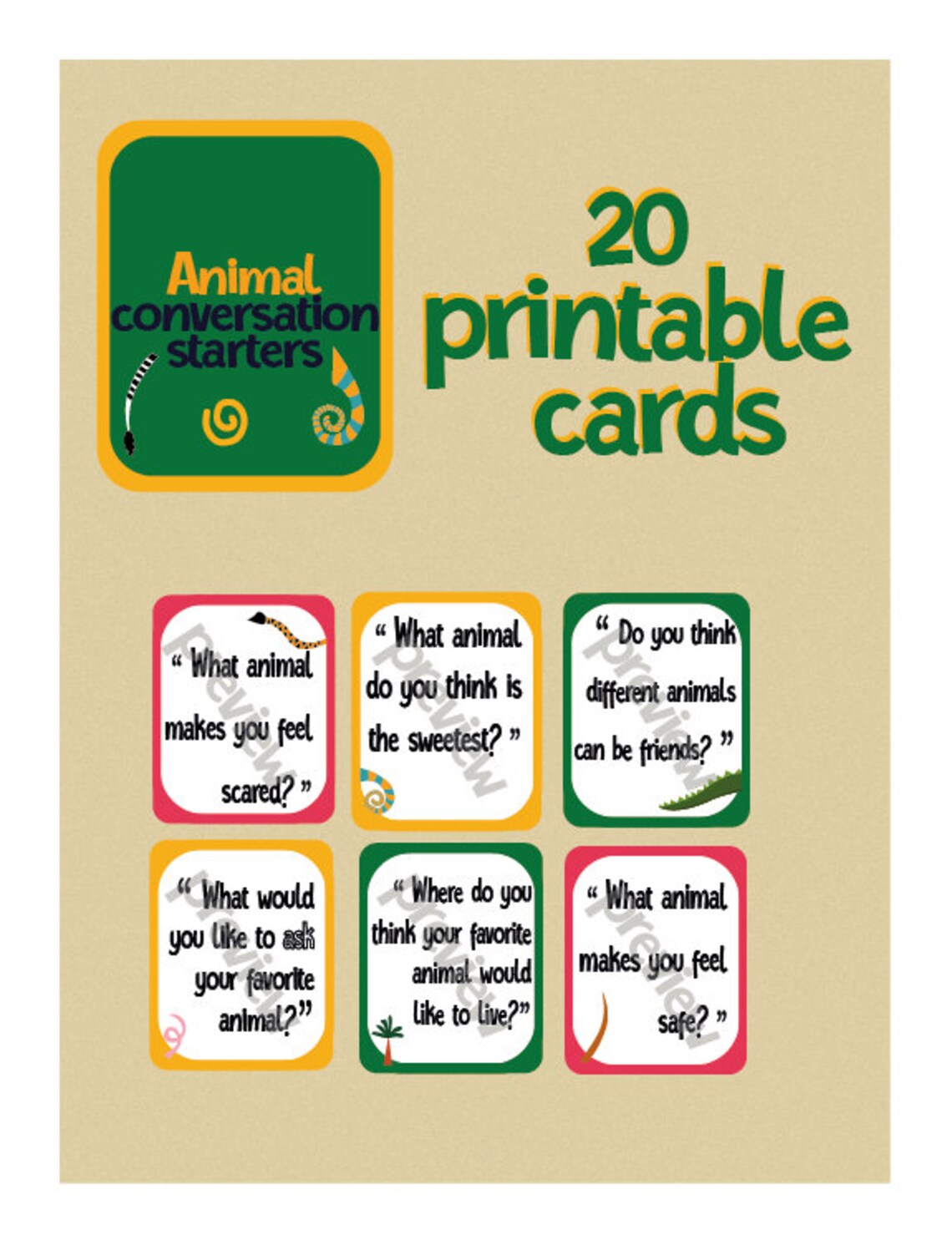 Animal Conversation Starters Printable Cards With 20 - Etsy