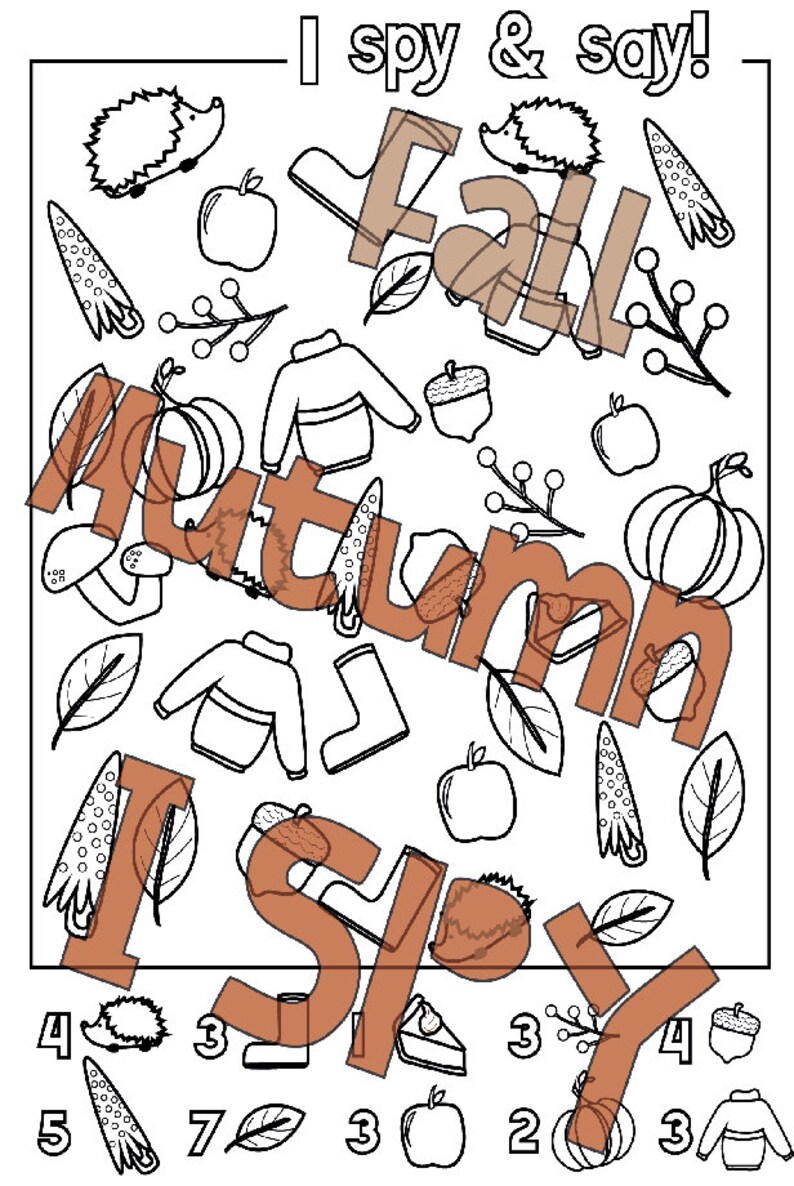 Autumn, Fall Spy, Counting and Coloring Printable for Kids, Digital ...