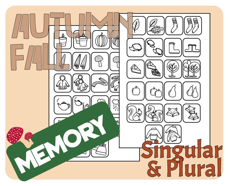 Autumn, Fall, Memory Plural, Singular, Grammar, Coloring Printable for ...