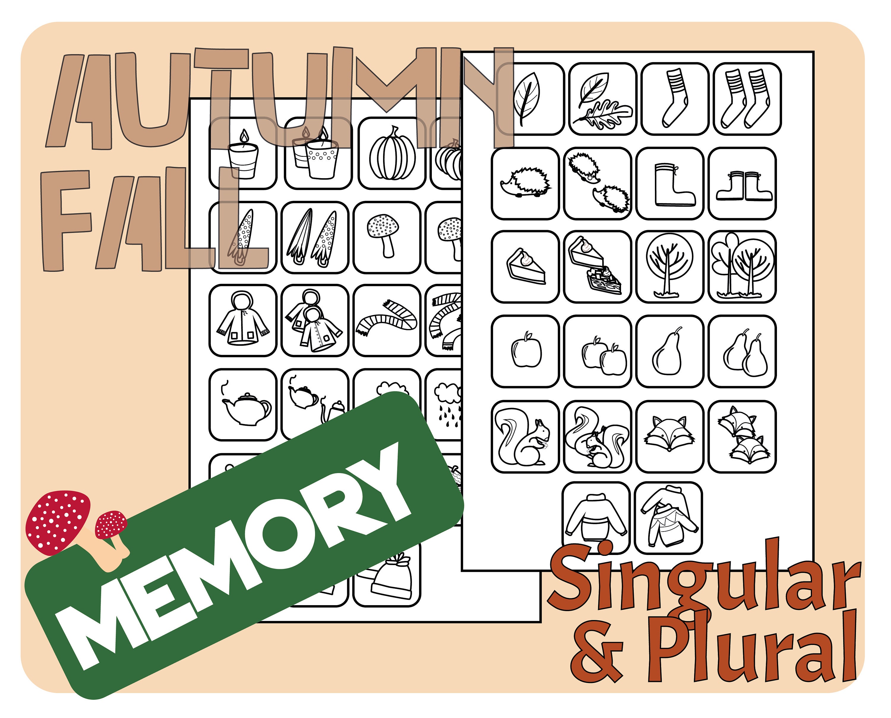 Autumn, Fall, Memory Plural, Singular, Grammar, Coloring Printable for ...