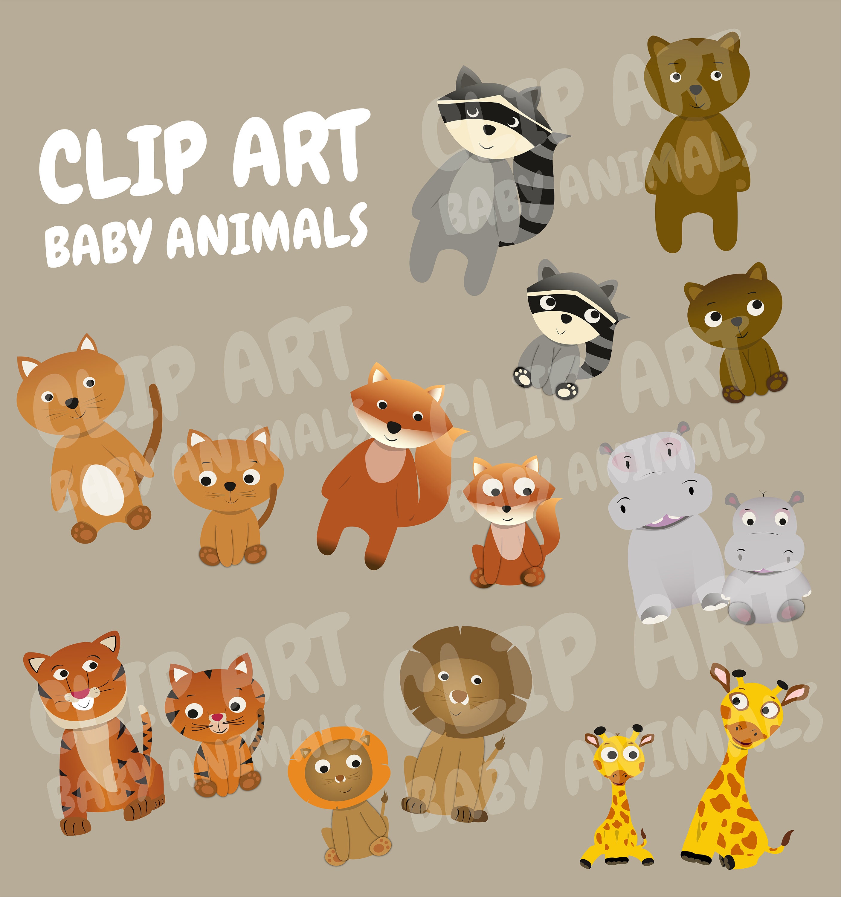 Baby Animals Clipart – 16 Animals Clip Art in PNG File - Etsy