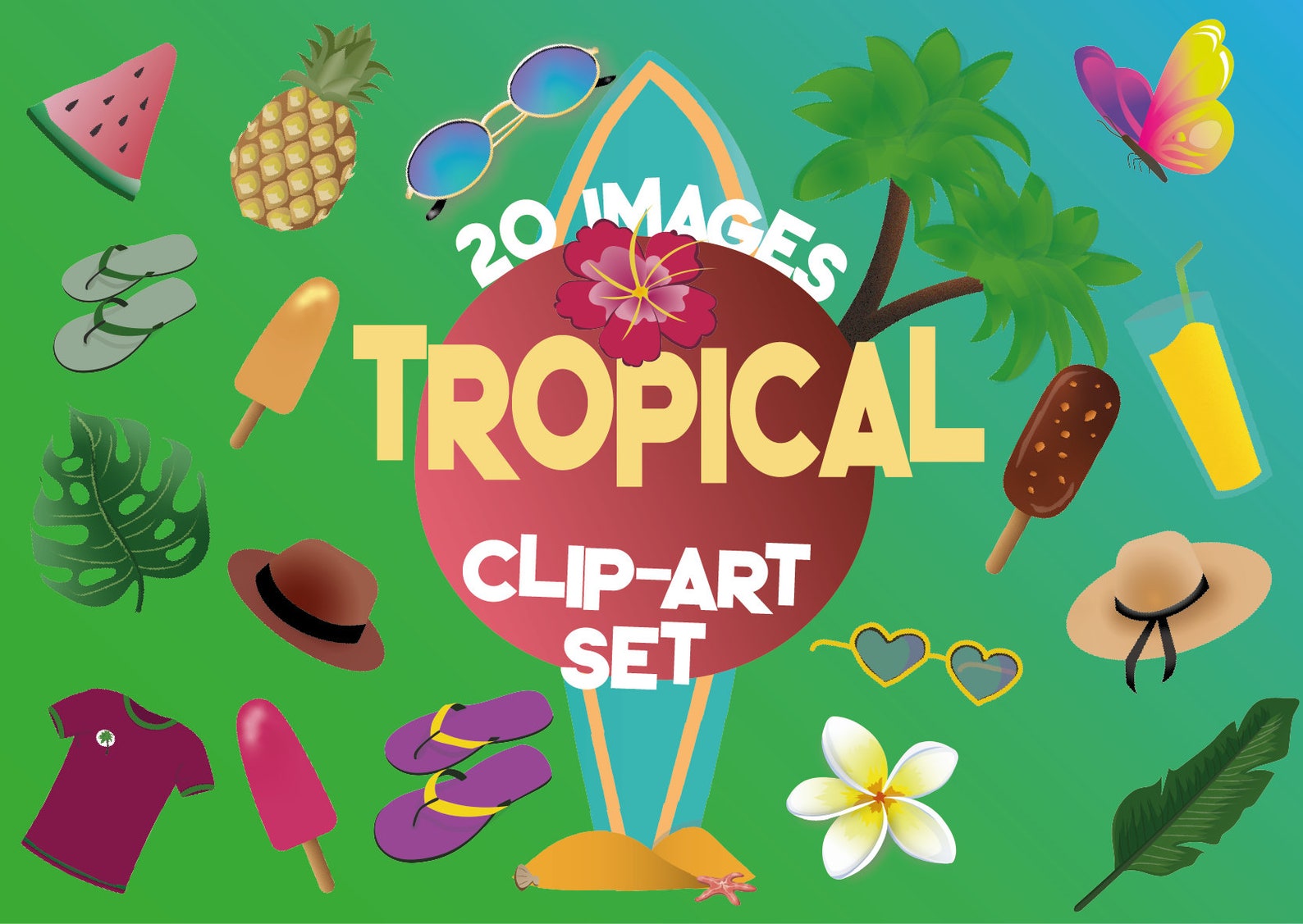 Tropical Clipart SET – Vacation - Tropics – Surfboard - Summer Vacation ...