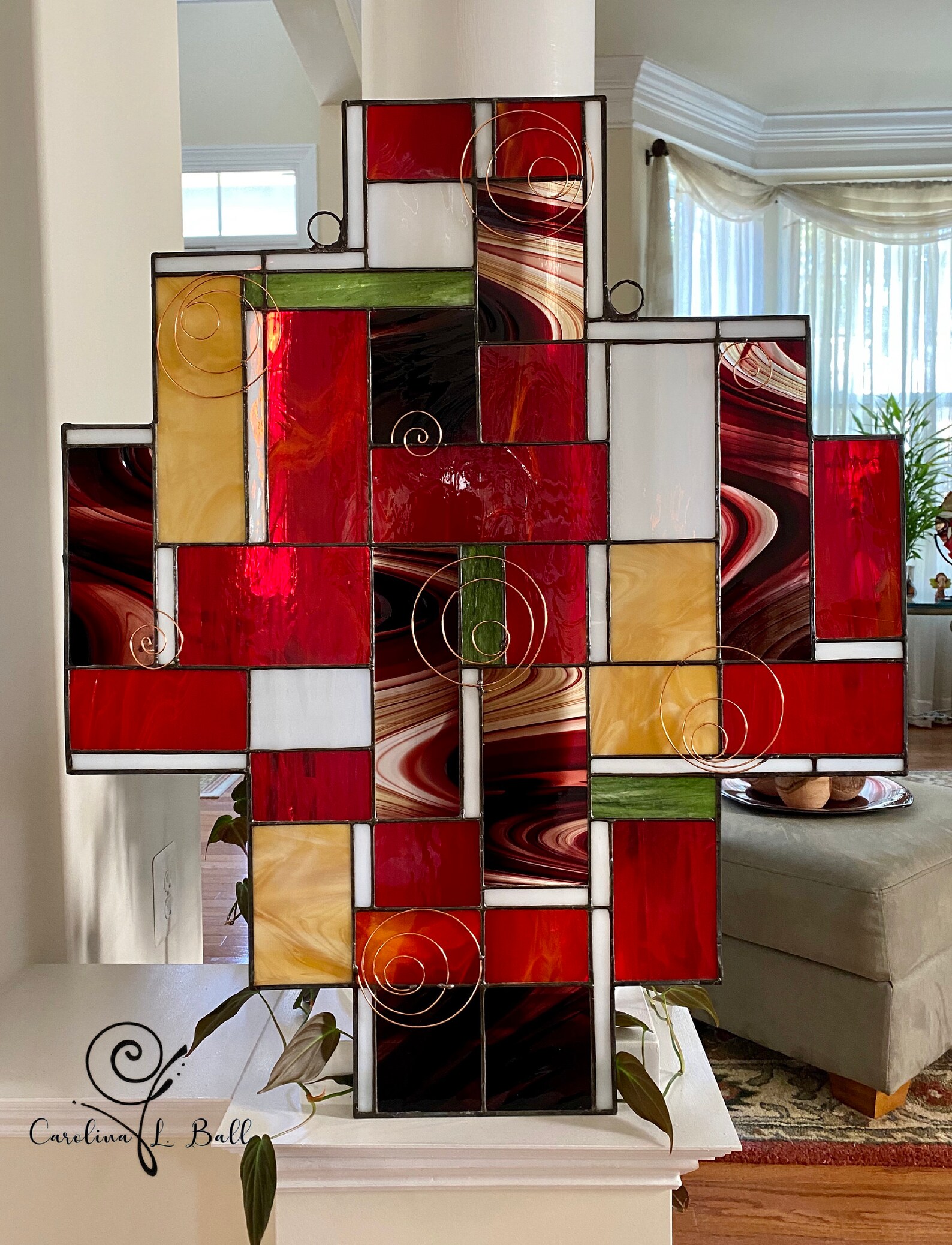 Stained Glass Panel - "red With Arabescos", 30" H X 25" W, Glass Art ...