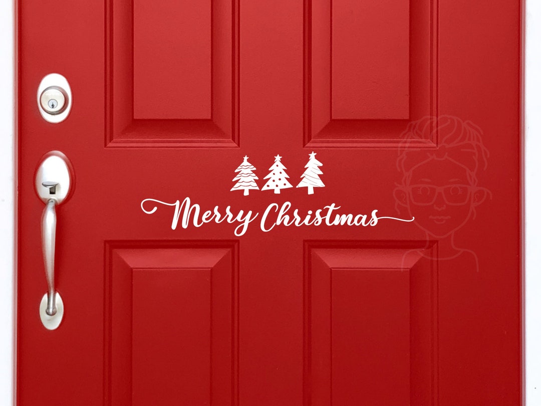 Merry Christmas With Trees Vinyl Door Decal | Christmas Door Decal ...