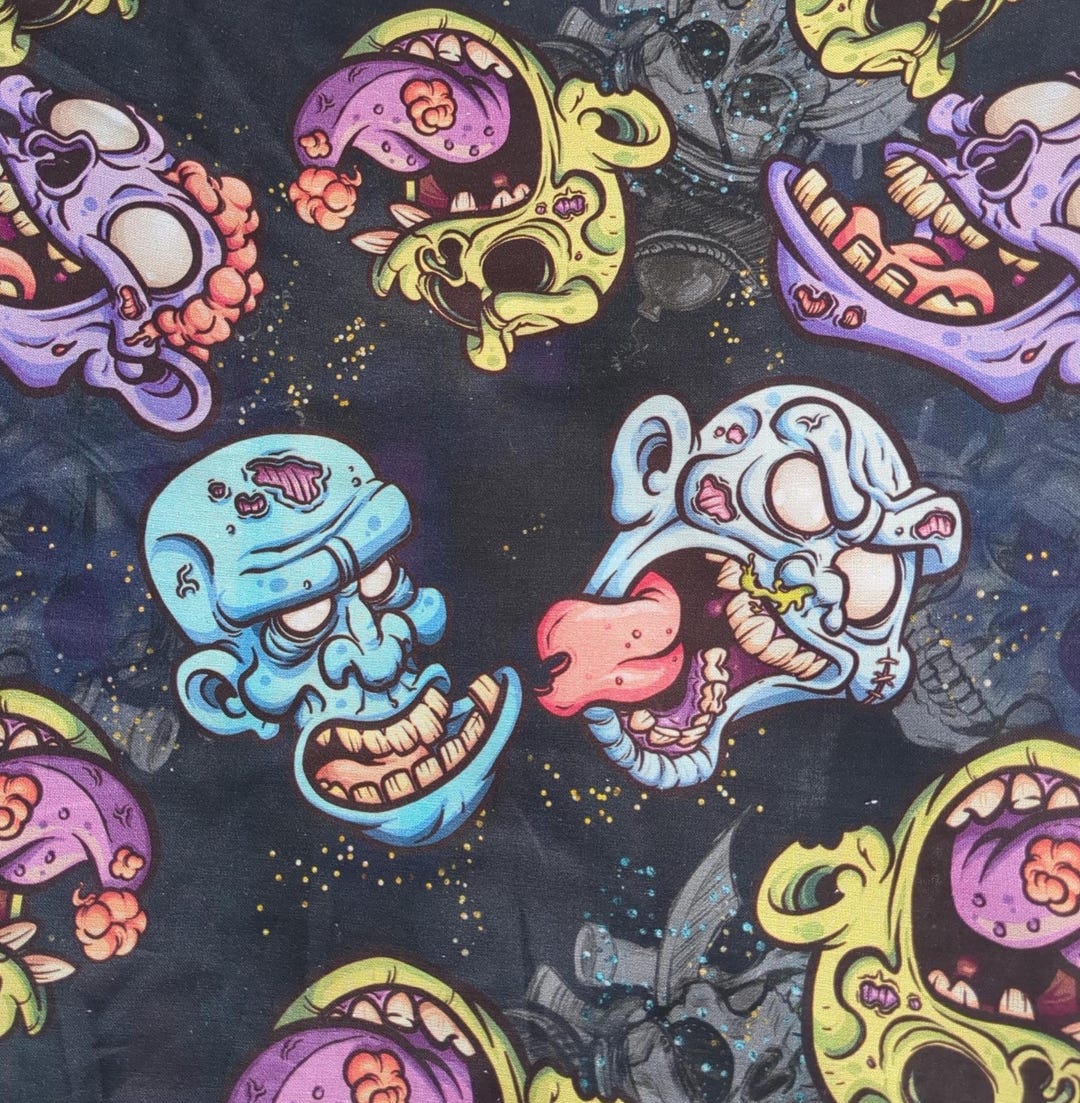 Zombie Print Cotton Fabric on Black Halloween Core Punk Ghoul Heads 58 ...