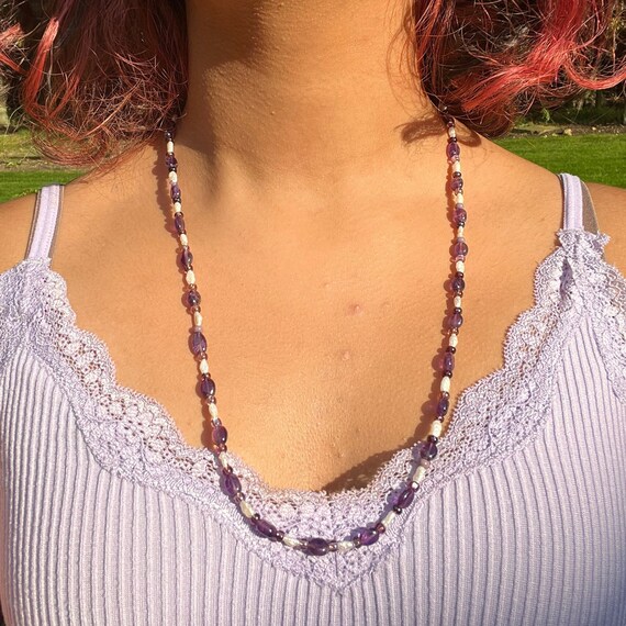 Amethyst and Rice Pearl Necklace - Etsy