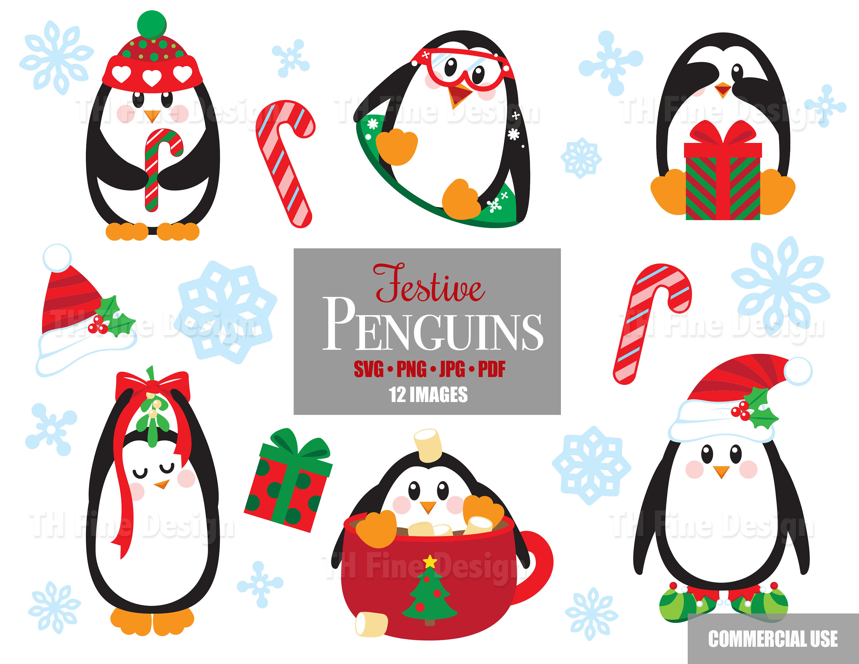 Festive Holiday Christmas Penguins Cute Fun Penguin Candy Cane - Etsy