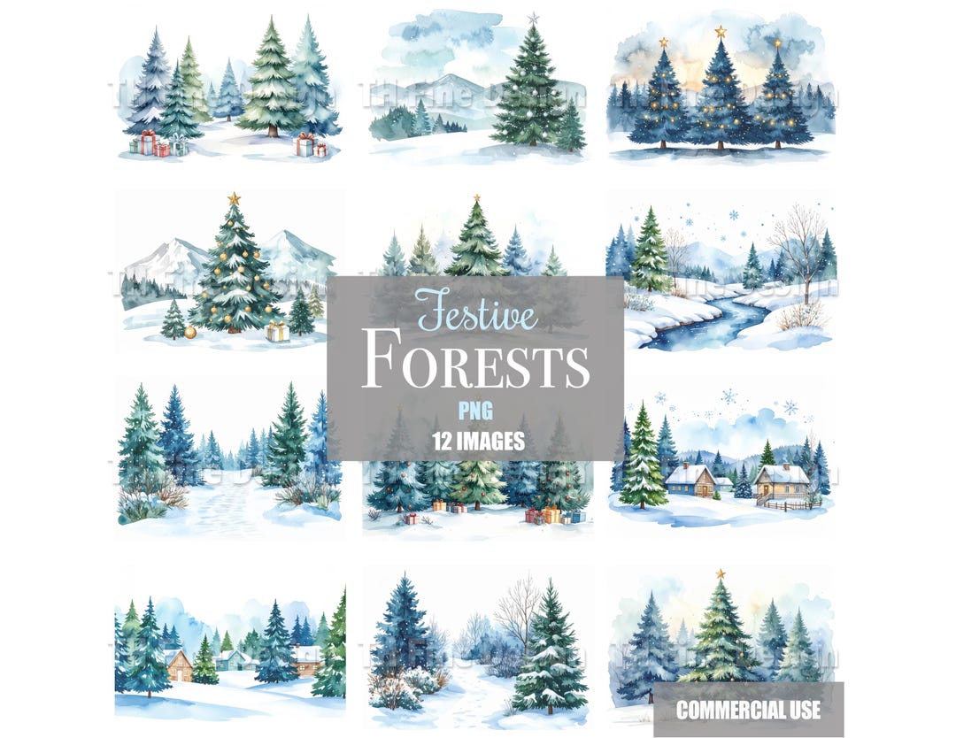 Christmas Forest Clip Art Files Holiday Trees Nature Scene Pine ...