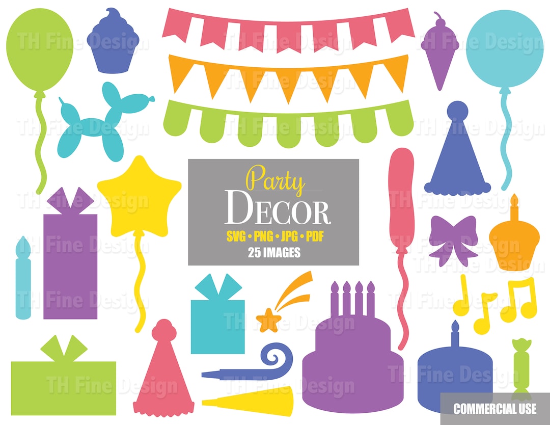 SVG Birthday Party Clip Art Bundle Cake Balloons Gifts Files Printable ...